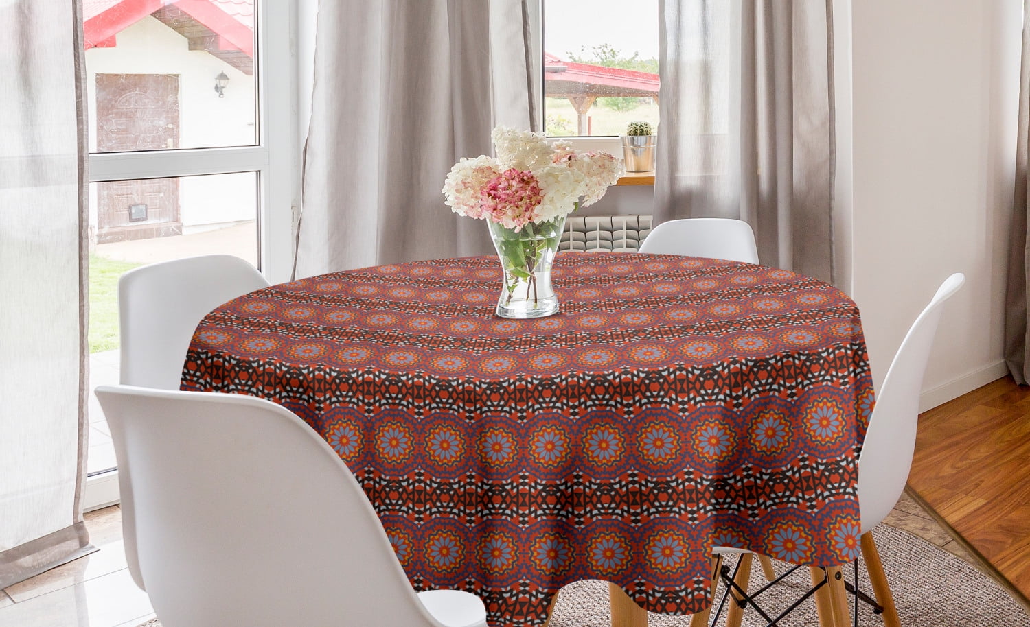 Ethnic Round Tablecloth, Abstract Bohemian Pattern of Continuous Petals ...