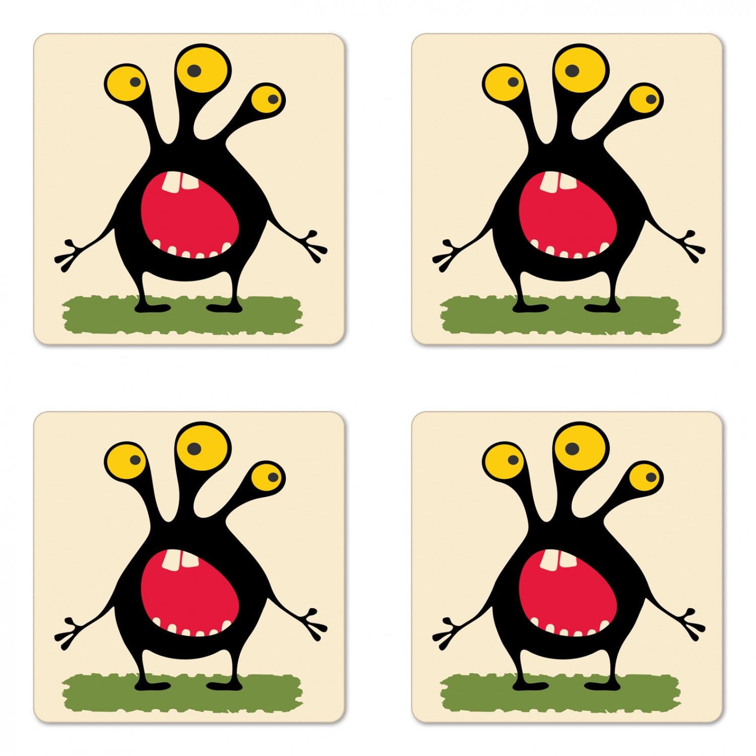 Alien Coaster Set of 4, Childish Cartoon Style Funny Monster with 3 ...