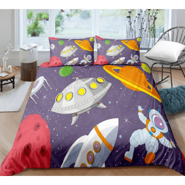 Outer Space Bedding Boys Alien Duvet Cover Blue Rocket Ship Planet And ...
