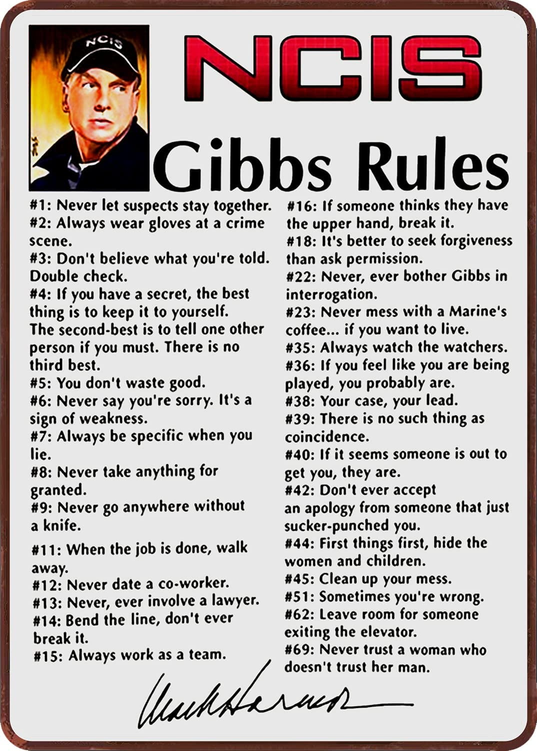 NCIS Gibbs Rules Leroy Jethro Gibbs Signature Funny 69 Rules Tin Metal ...