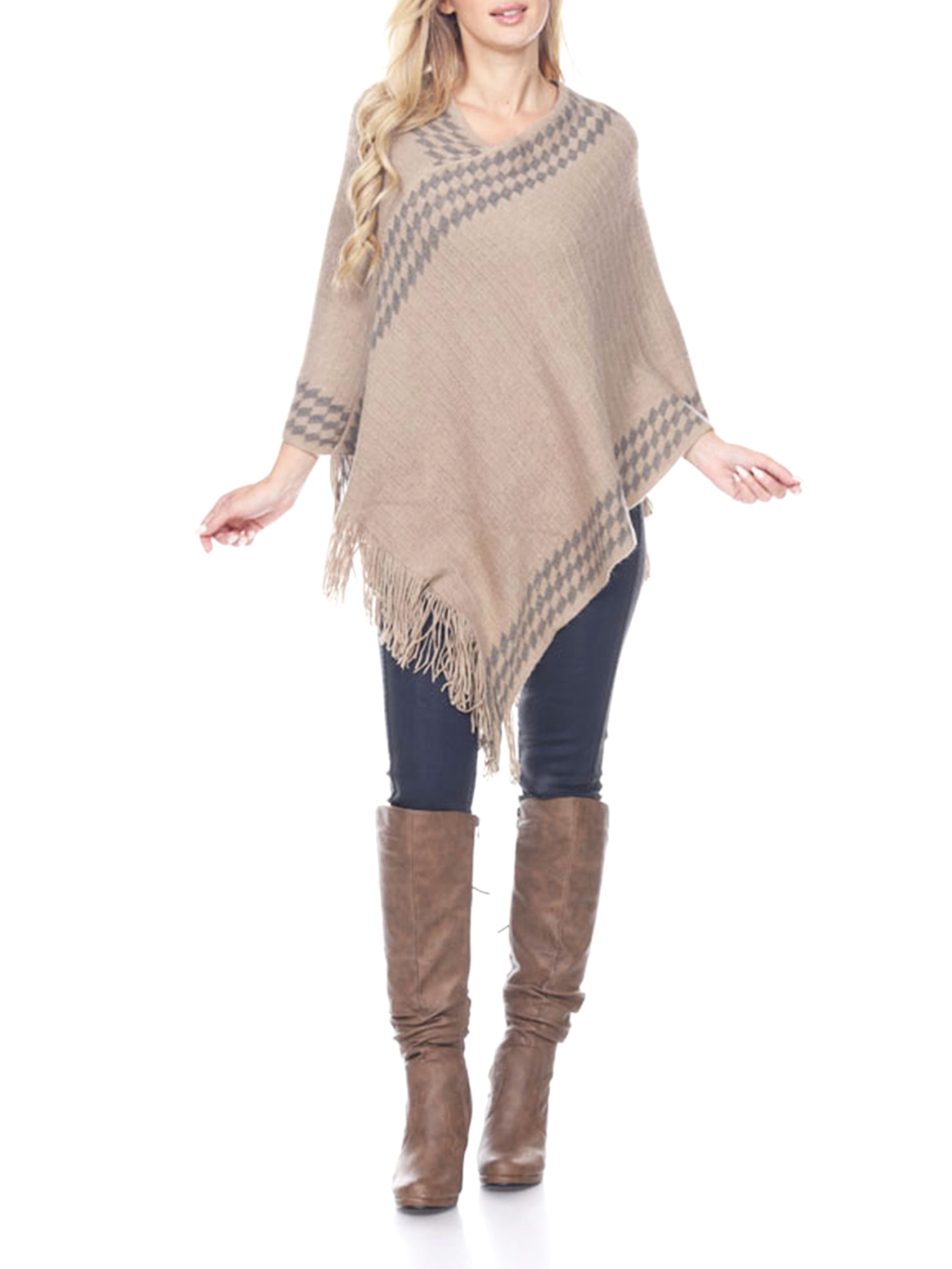Women's Knitted Diamond Print Poncho - Walmart.com
