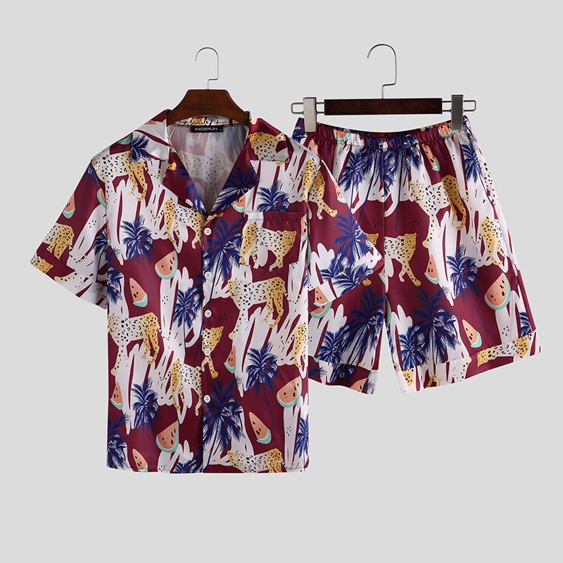 INCERUN Men Short Sleeve Smooth Comfy Sleepwear Hawaii Printed Pajamas ...