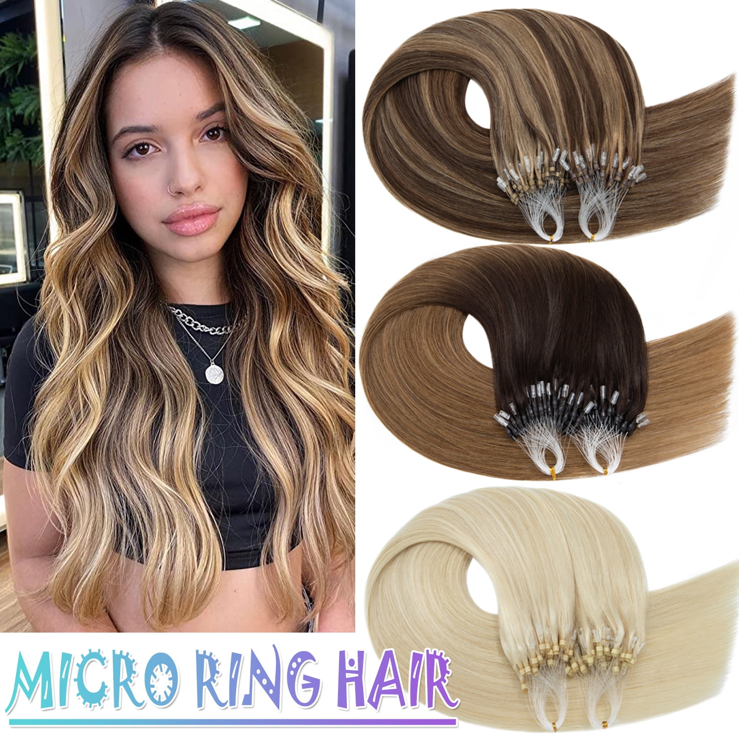 Benehair Micro Beans Ring Easy Loop Hair Extensions 100% Russian Remy ...