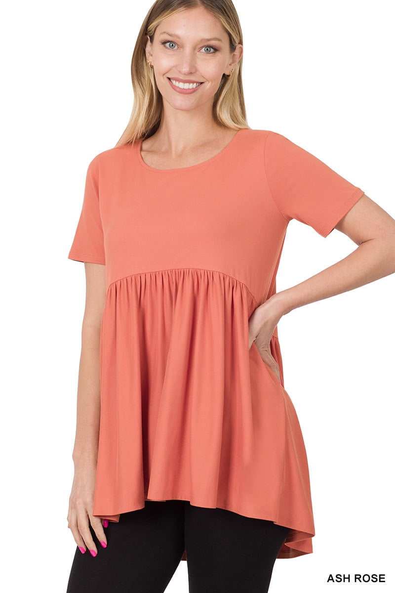 Zenana Women & Plus Round Neck Brushed DTY Short Sleeve Ruched Tunic ...