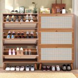 PORKISS Wooden Shoe Cabinet, Farmhouse Shoe Rack with 3 Rattan Doors ...
