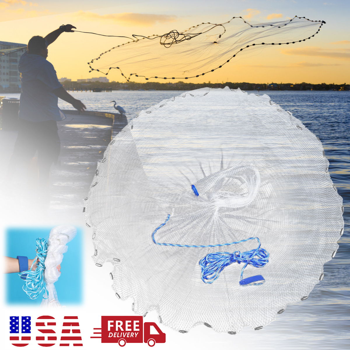 NEWEEN Cast Net 3/8" Mesh Hand Cast Fishing Net Saltwater Bait Casting ...