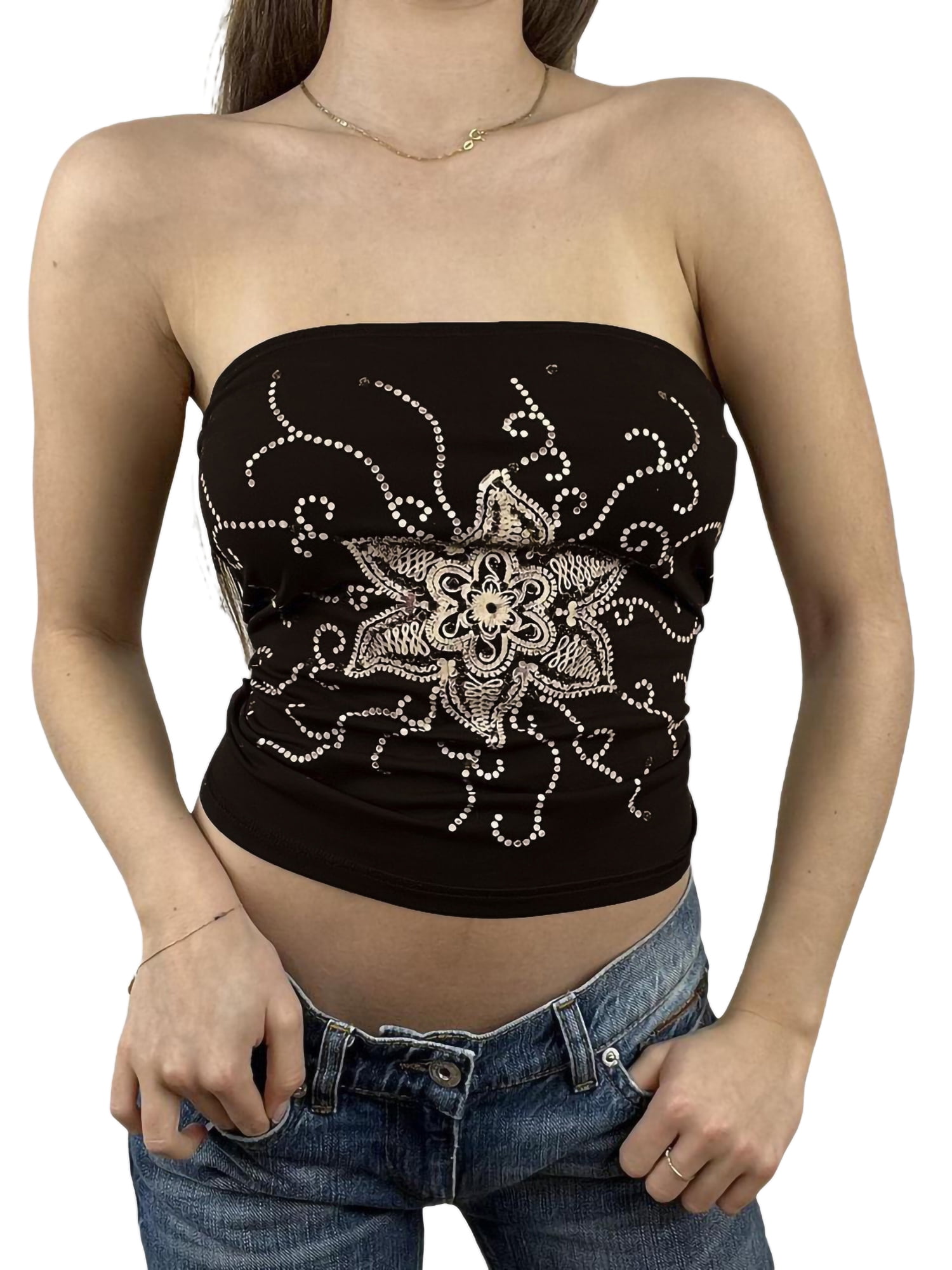 Qiylii Women's Strapless Casual Vest, Shiny Flower Pattern Tops, Ladies ...