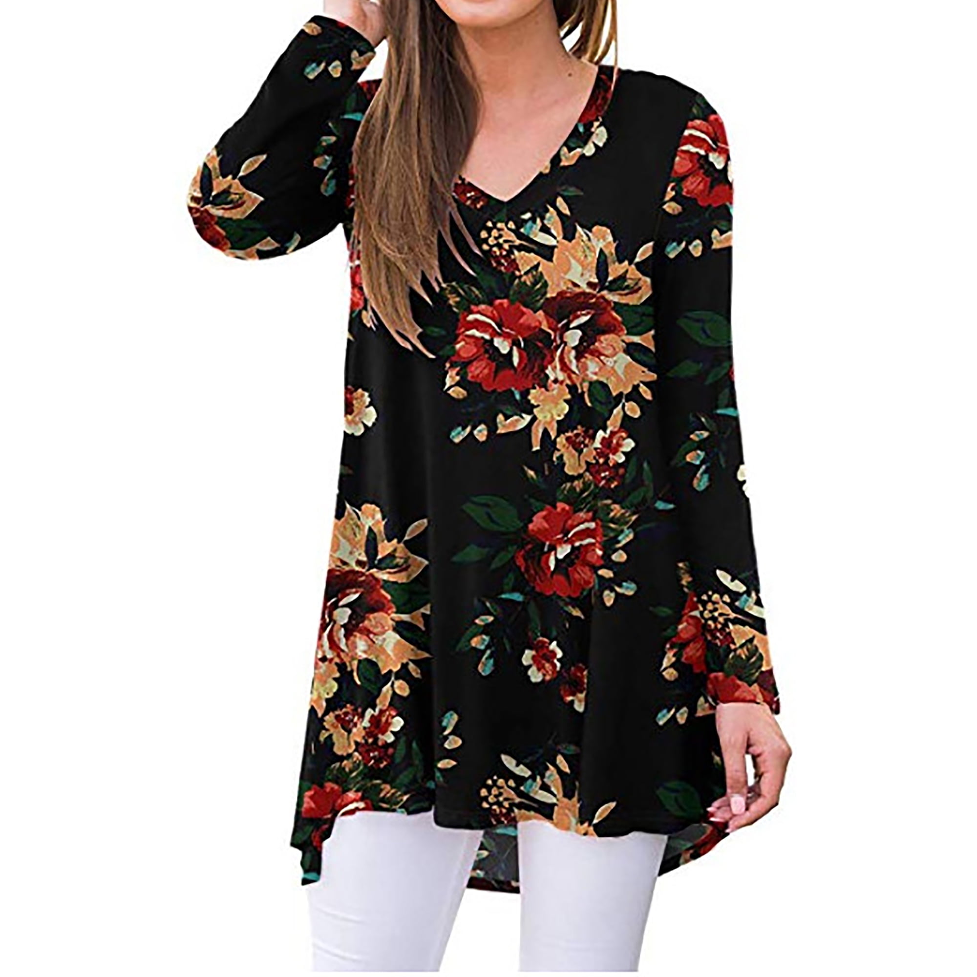 TEMOFON Women's Fall Long Sleeve V-Neck Tunic Tops for Leggings Casual ...