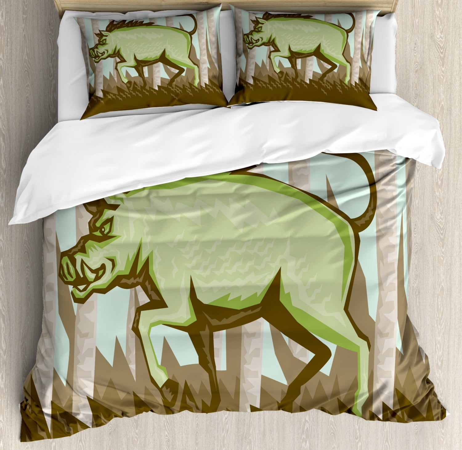 Razorback Duvet Cover Set King Size, Vintage Woodcut Wild Pig Boar in ...