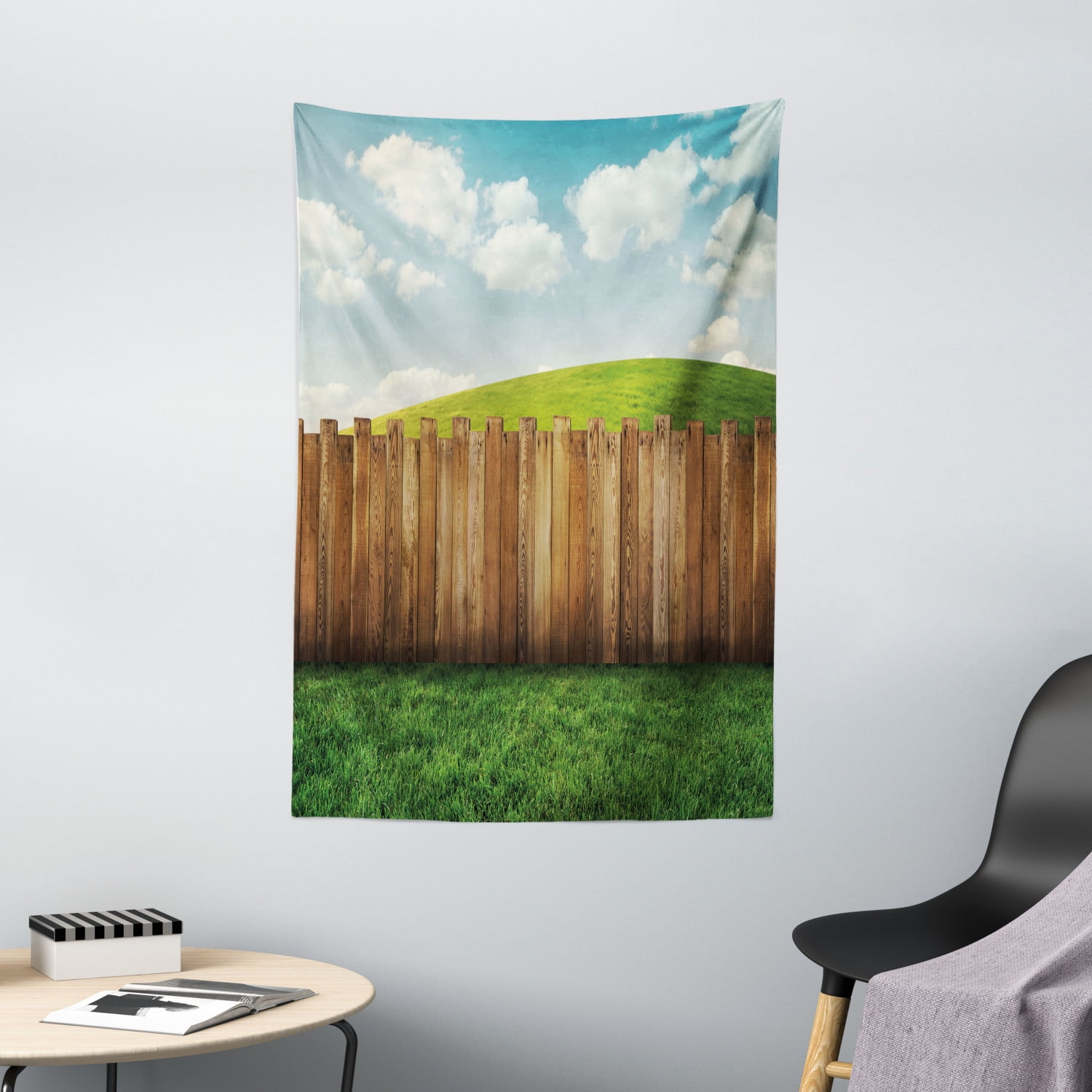 Farmland Tapestry, Wooden Garden Fence on Grassland Pastoral ...