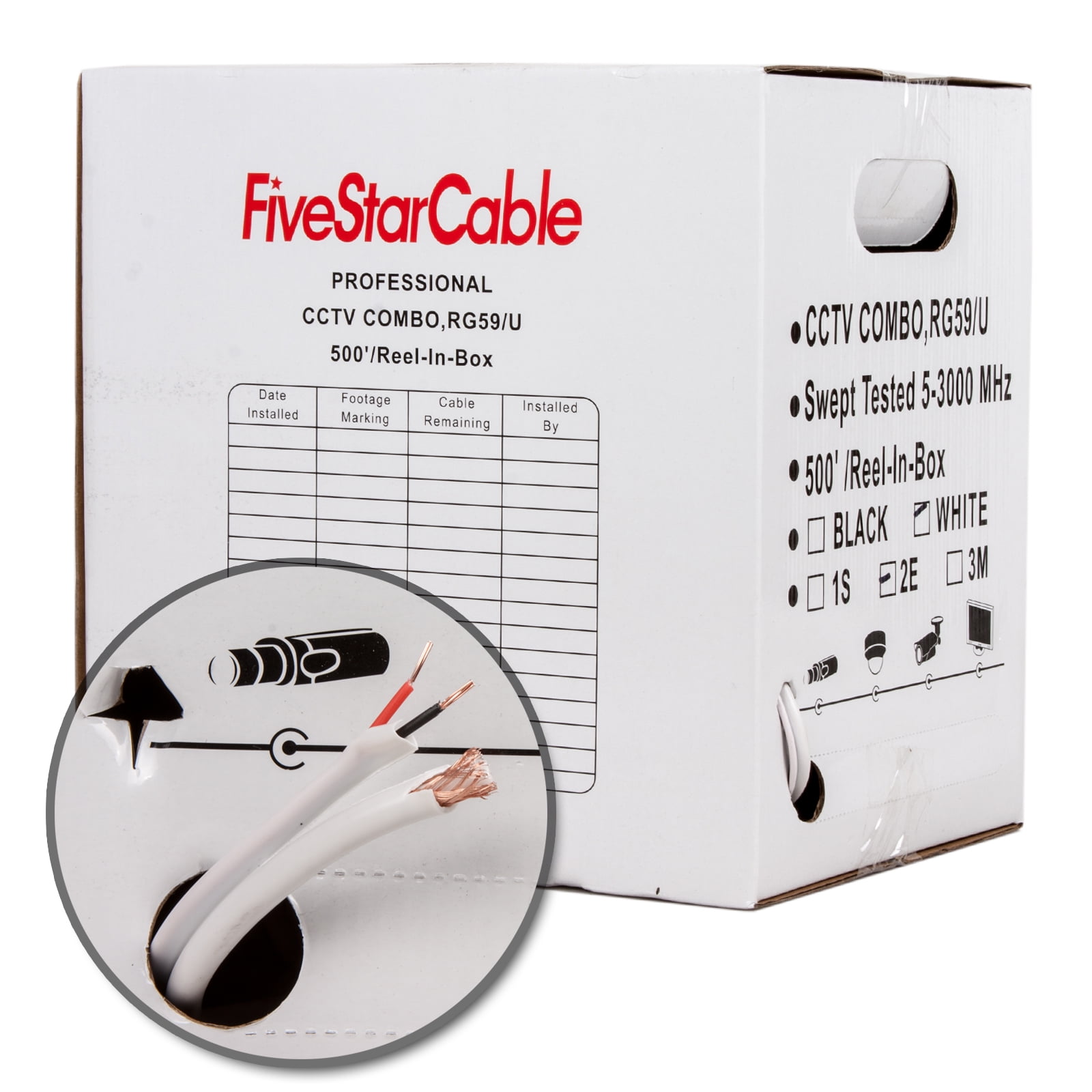 Five Star RG59 Combo Siamese Cable CCTV 500ft 18/2 with White PVC ...