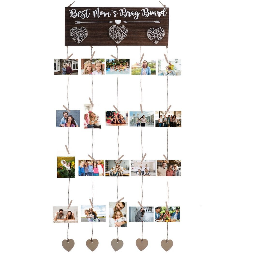 Hanging Photo Display with 20 Clips, DIY Wooden Displaying Board Family ...
