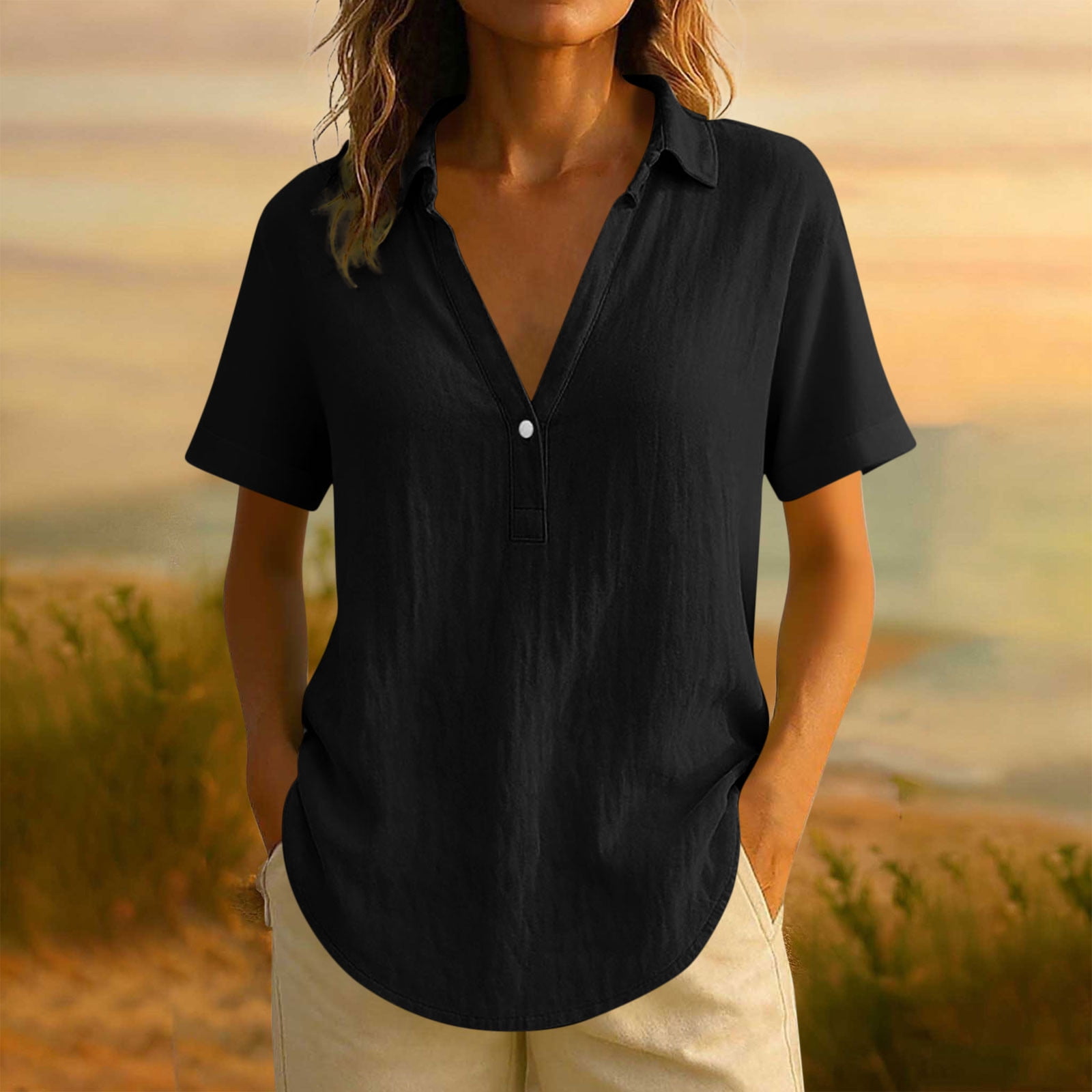 Click here for Hongqid Linen Shirts For Women V Neck Collared Blo... prices