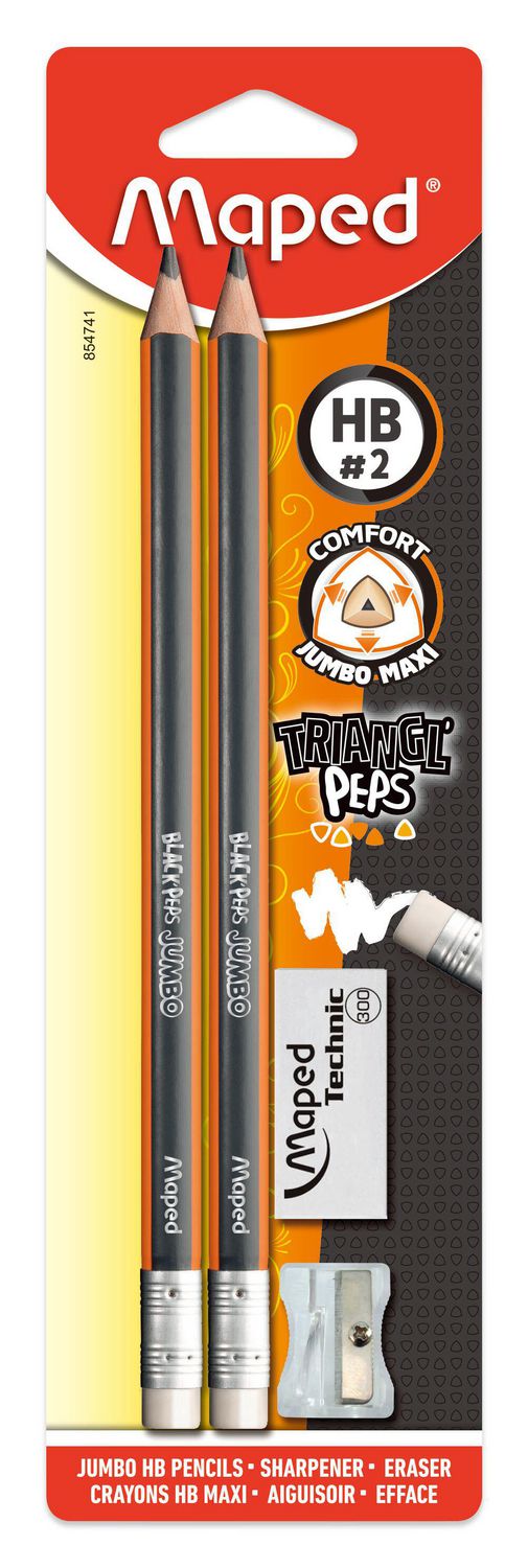 Maped JUMBO Graphite HB pencils x2 with 1 sharpener and 1 eraser, HB ...