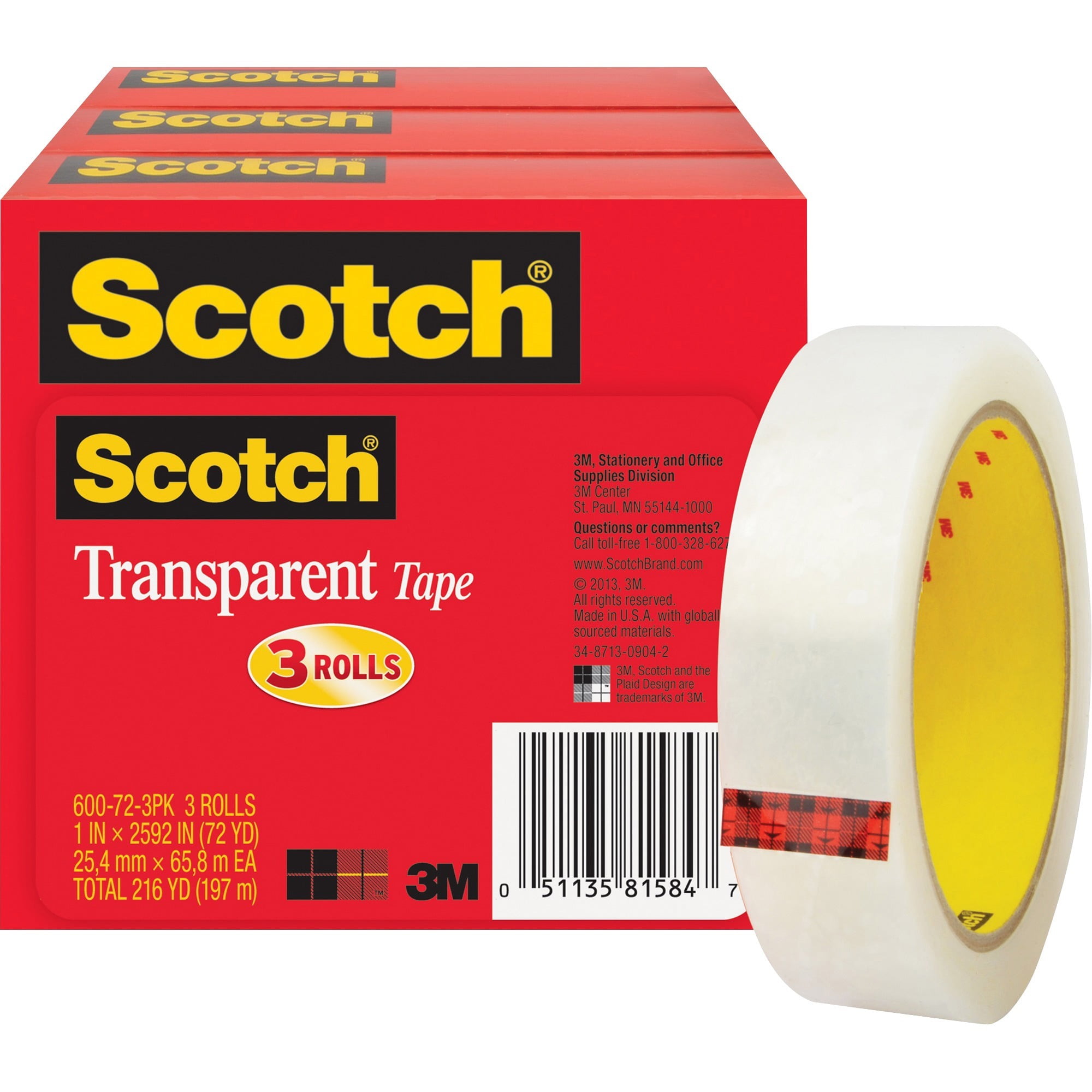 3M Scotch Tape 600 Transparent Glossy 1/2" x 72 yards clear Business ...