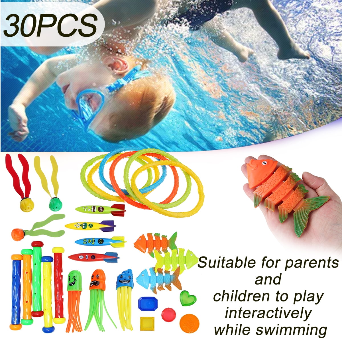 30Pcs Diving Ring Fish Stick Torpedo Rocket Seaweed Underwater Swimming ...