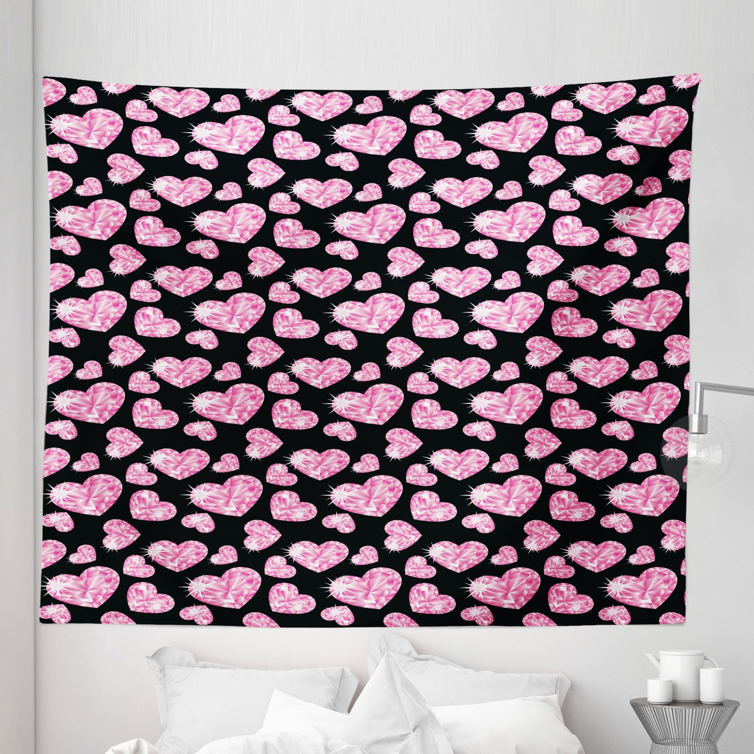 Diamonds Tapestry, Romantic Pink Heart Stones on Black Background ...