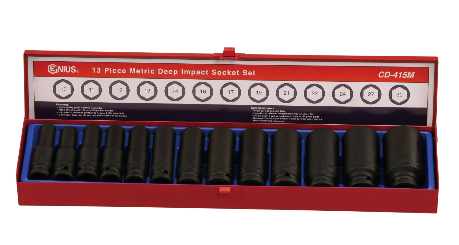 Genius Tools 13 Piece 1/2" Dr. Metric Deep Impact Socket Set (CR-Mo ...