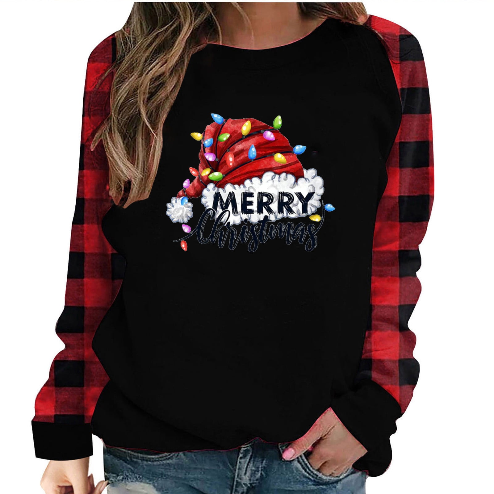 Merry Christmas Plaid T Shirts Women Cute Santas Hat Graphic Long