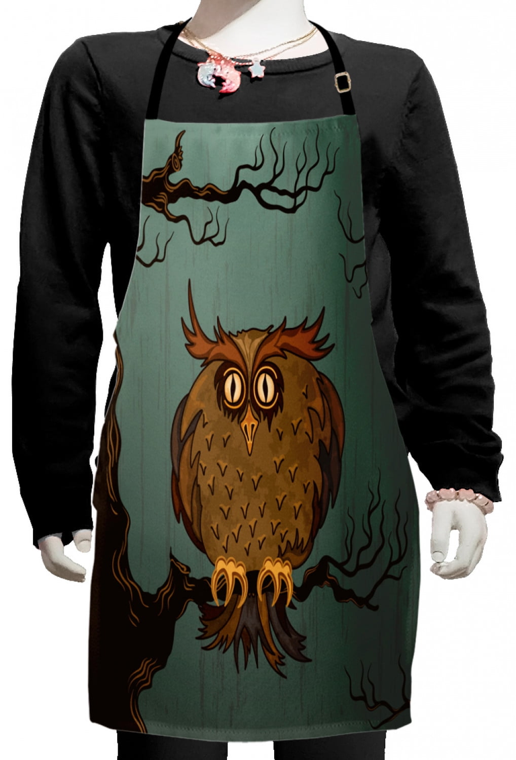 Owl Kids Apron, Exhausted Hangover Tired Owl in Oak Tree with Eyebrows ...