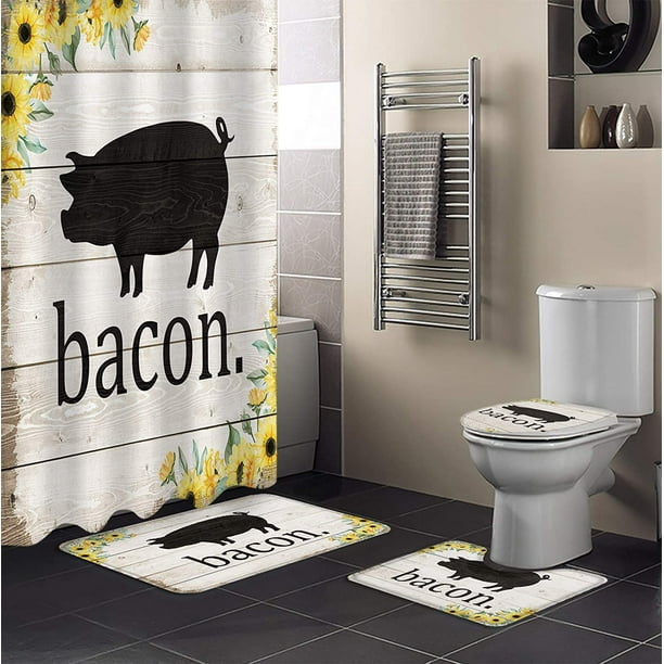 IGUOHAO Shower Curtain Set Farmhouse Sunflower Pig Bacon Rustic Wood ...