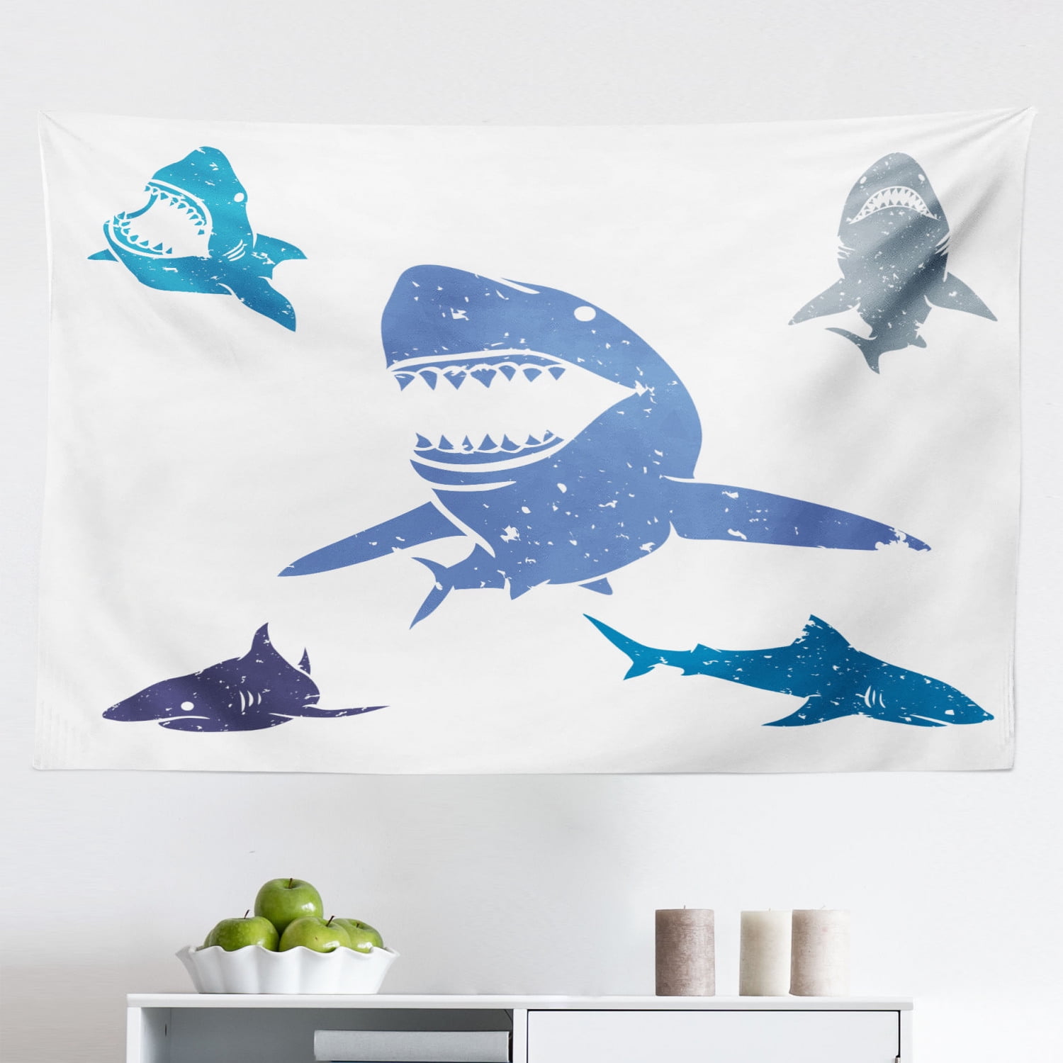Shark Tapestry, Graphic of Shark Hunter in Dark Murky Colors Sharp ...
