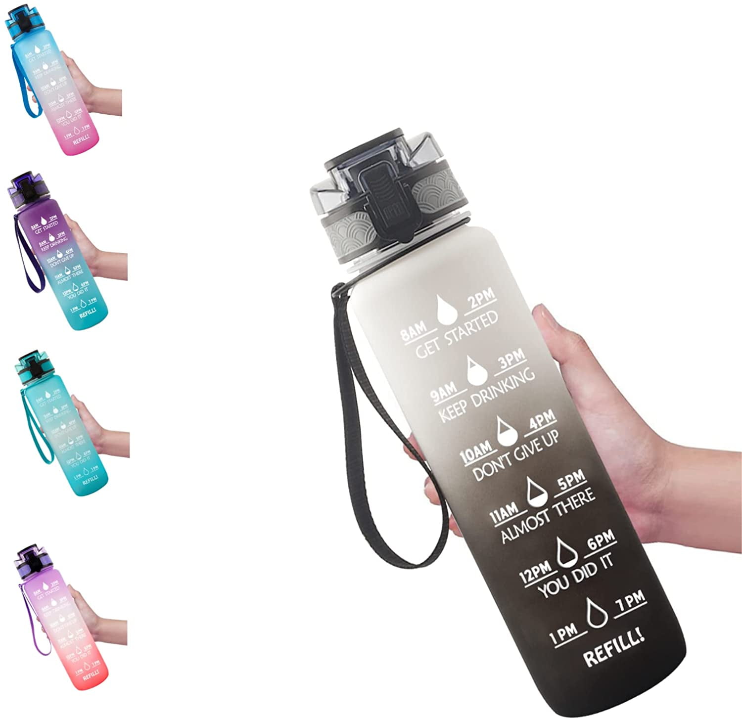 32 OZ Water Bottle with Time Markings BPA Free Reusable 1 Liter Sports ...