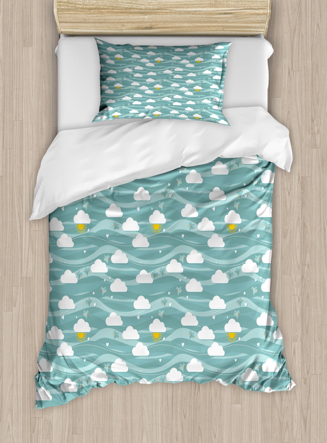 Yellow and Blue Twin Size Duvet Cover Set, Summer Sky with Flying Birds ...