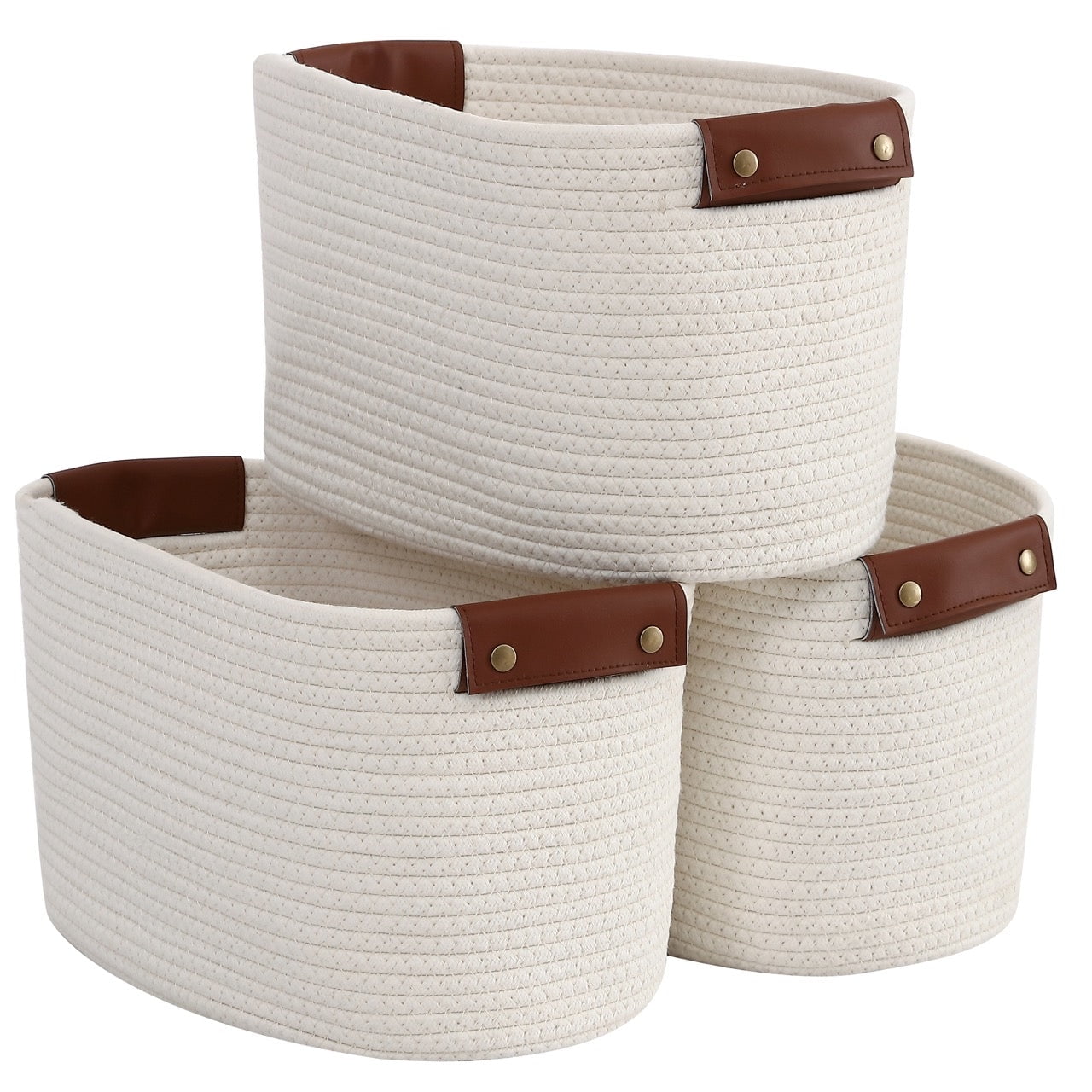 3 Pack Woven Cotton Rope Shelf Storage Basket with Leather Handles ...