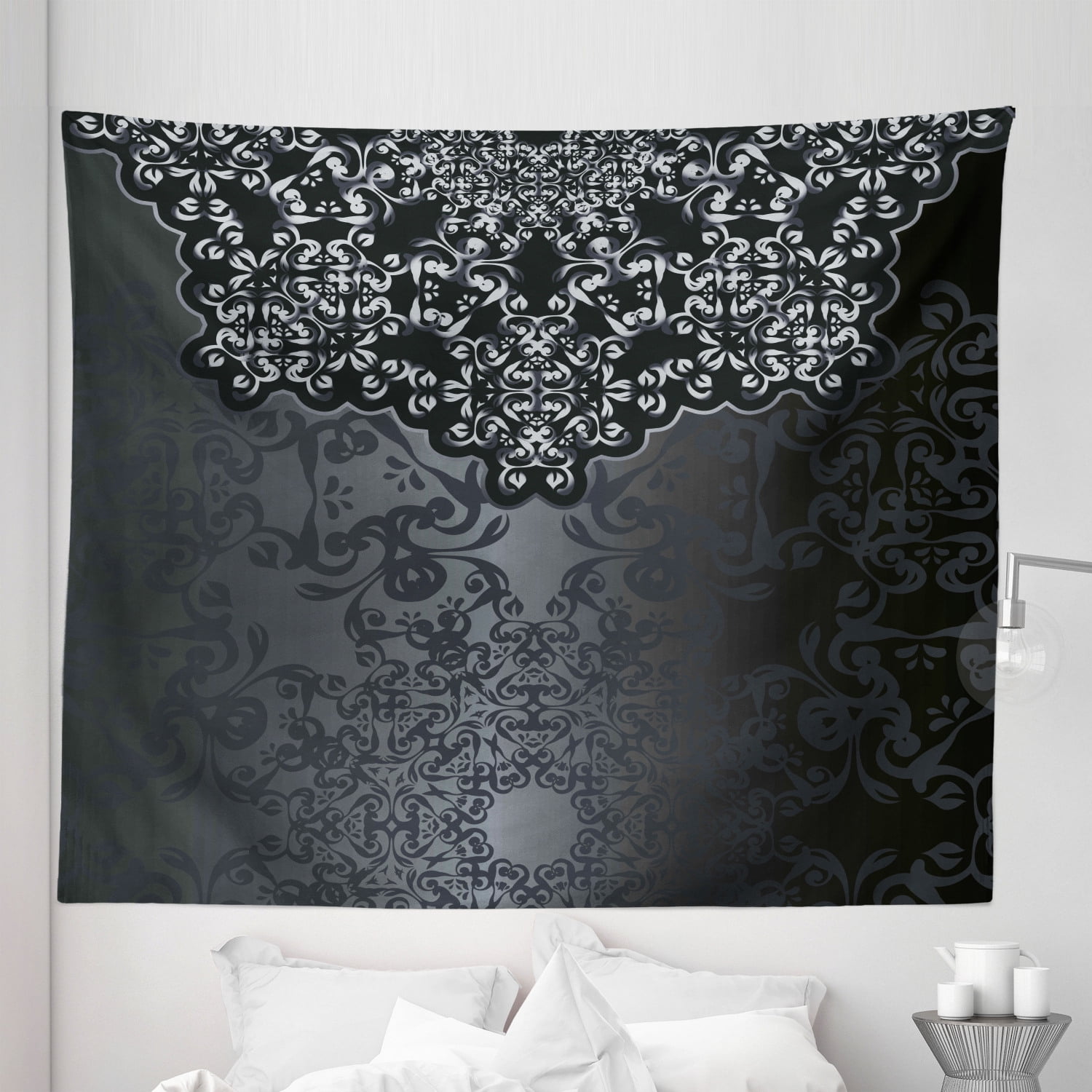 Dark Grey Tapestry, Vintage Damask Inspired Ornament Victorian Swirls ...
