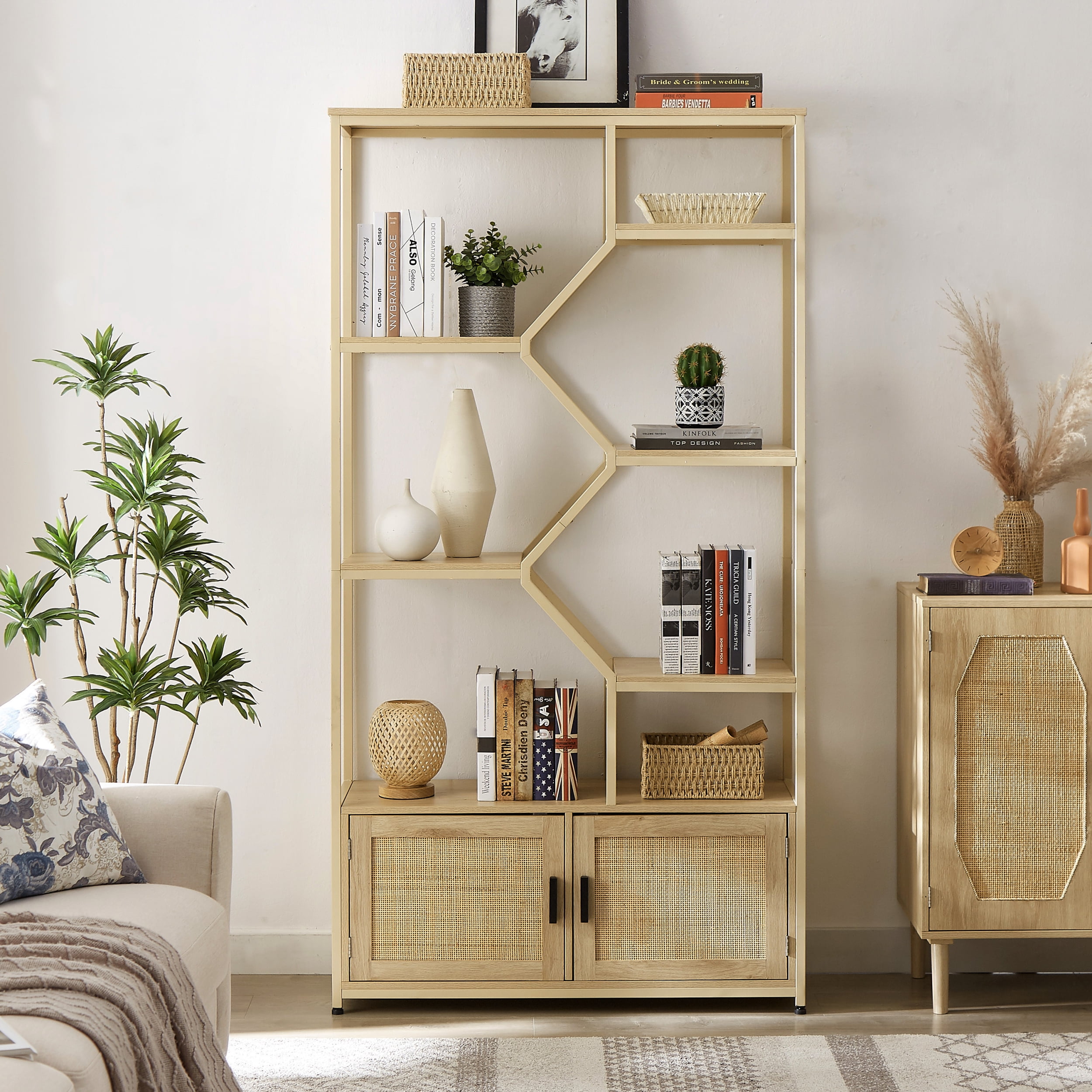 Rattan bookshelf 7 tiers Bookcases Storage Rack with cabinet for Living ...