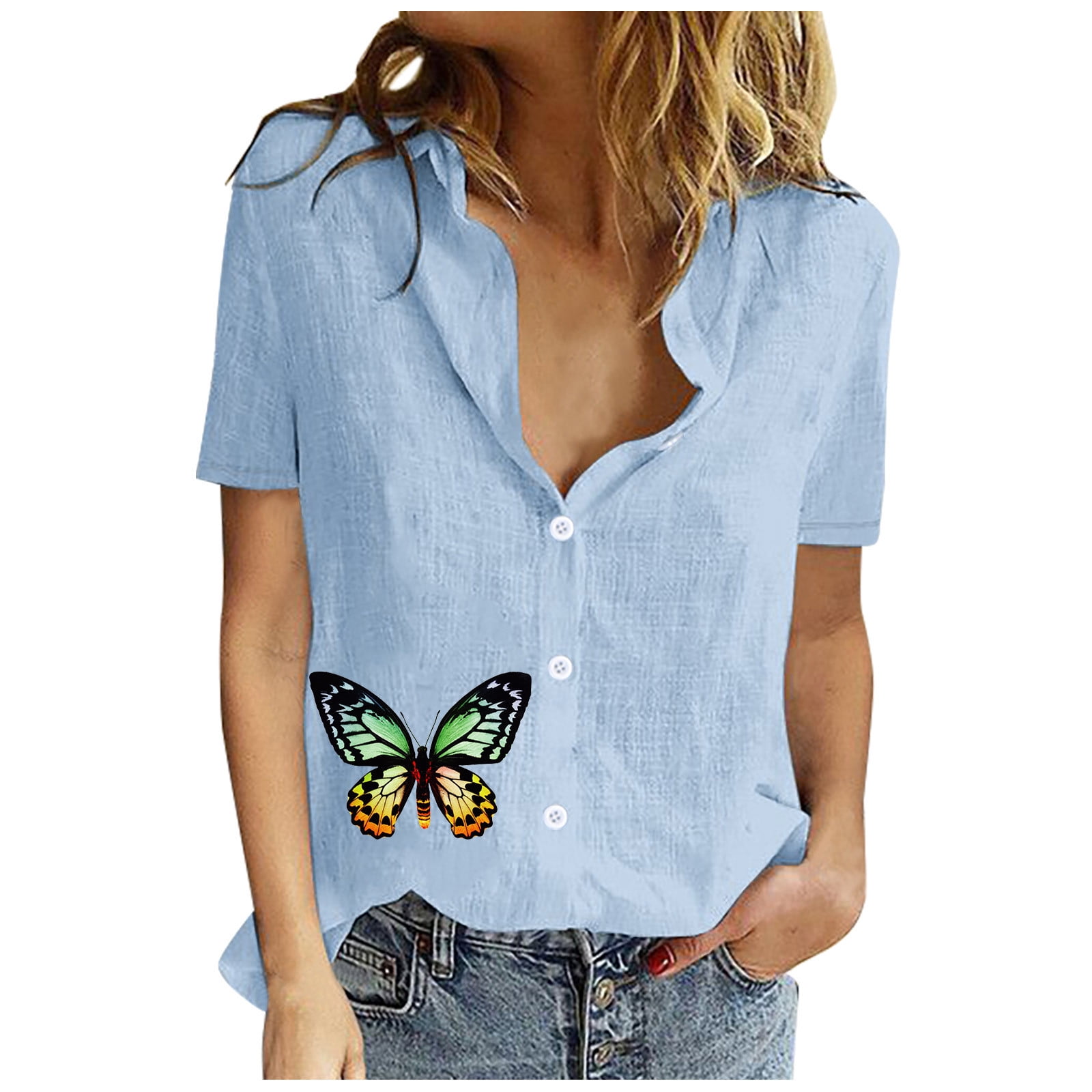 Birdeem Women Summer Sexy Butterfly Print Regular Button Turndown Neck ...