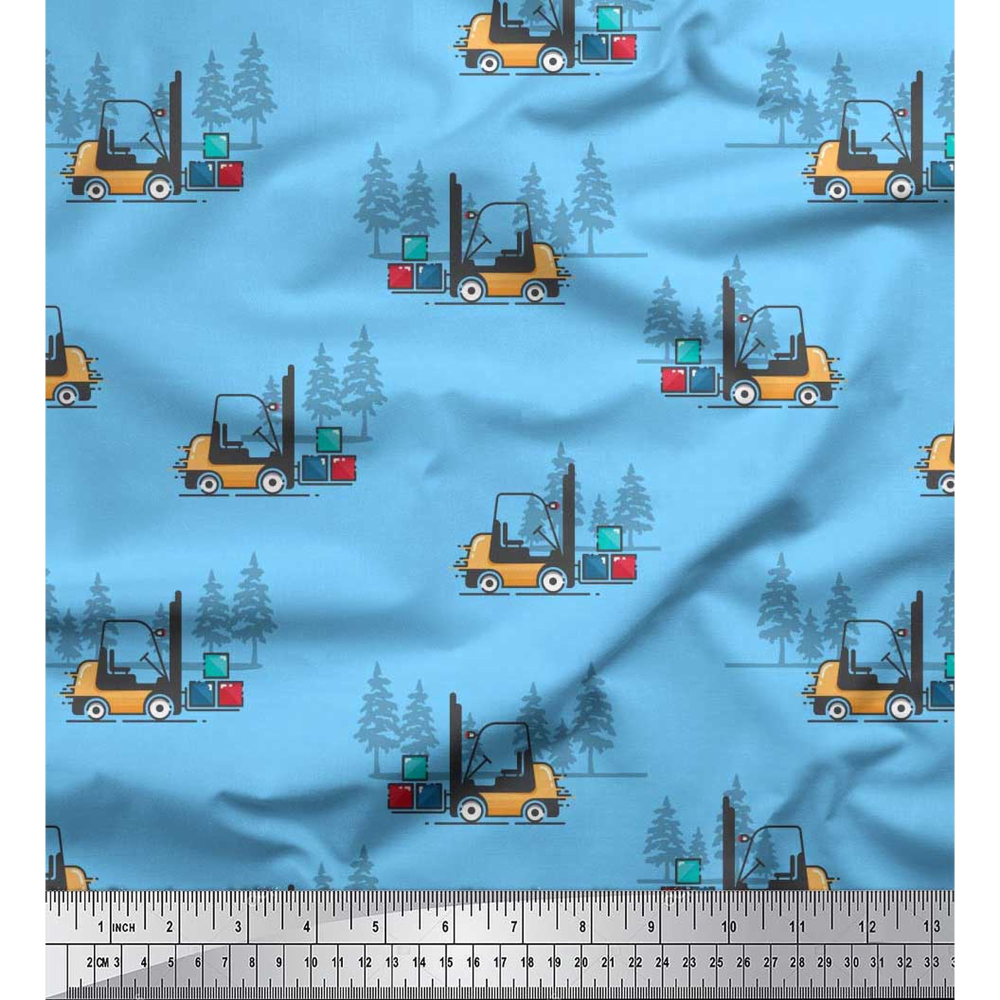 Click here for Soimoi Blue Cotton Poplin Fabric Tree & Forklift T... prices