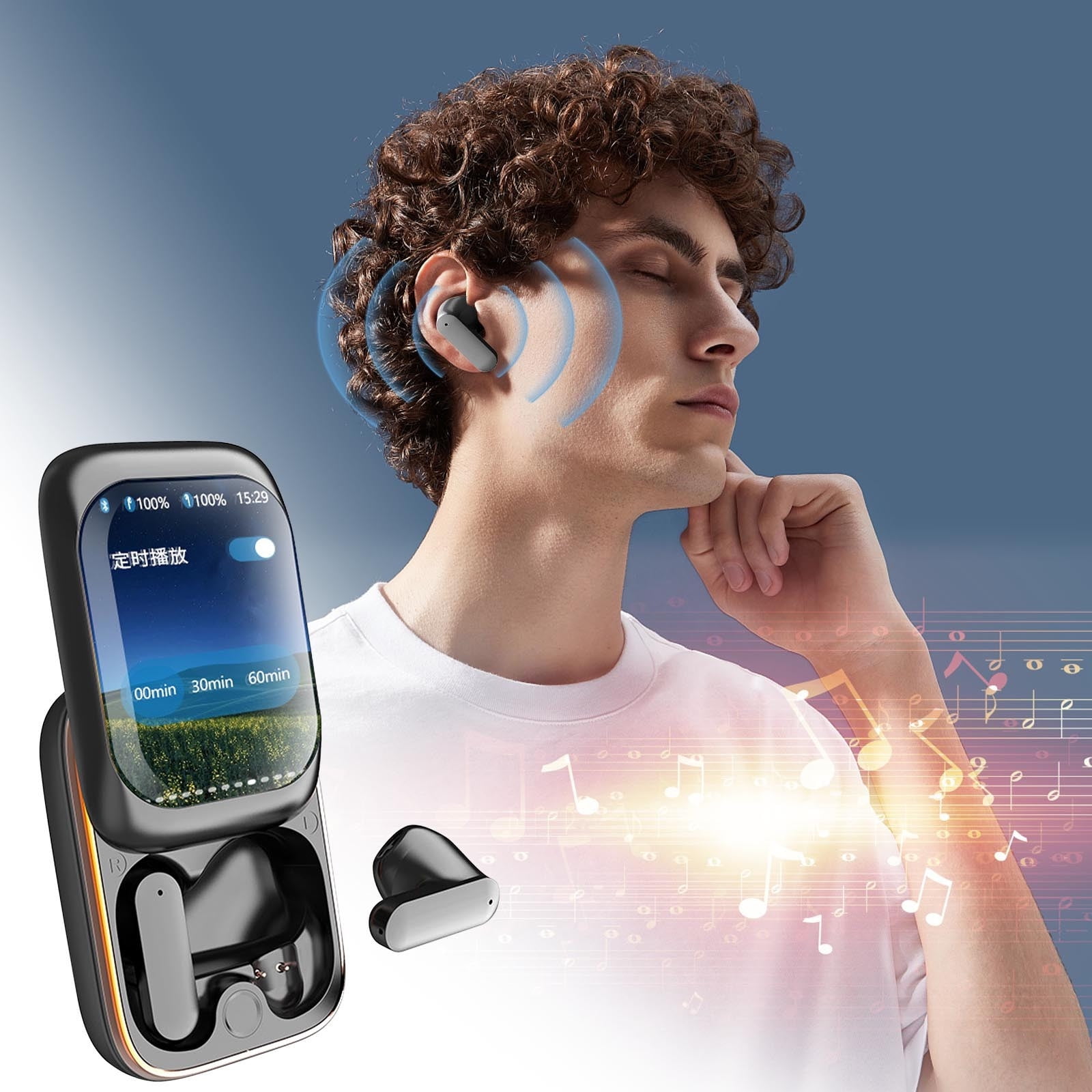 Bluetooth Headset HD Display Screen Noise Reduction Long Battery True ...