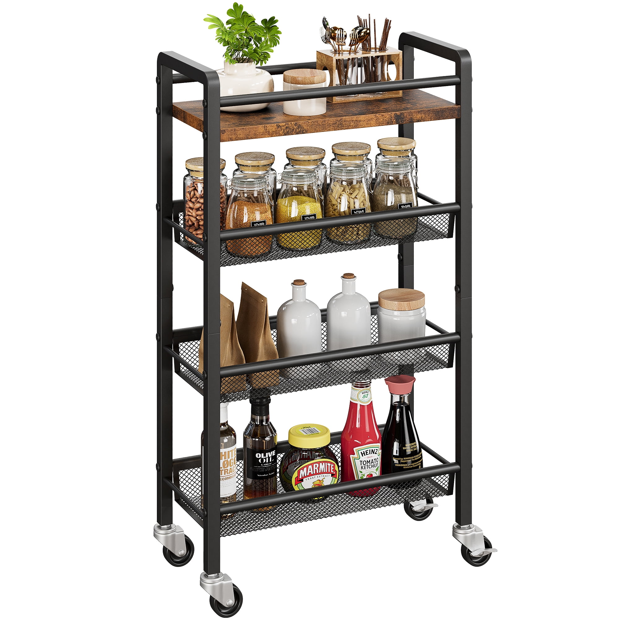 Yartaka 4 Tier Rolling Cart, Mesh Storage Utility Carts with Wooden ...