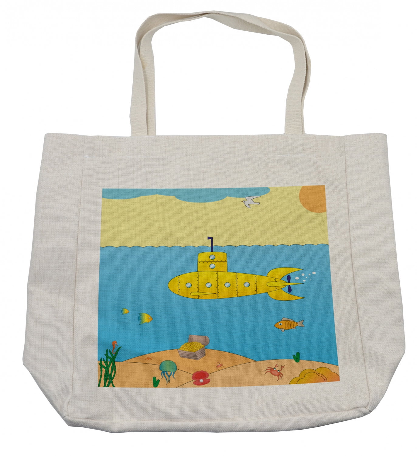 Yellow Submarine Shopping Bag, Cartoon Under Sea Adventure Jellyfish ...