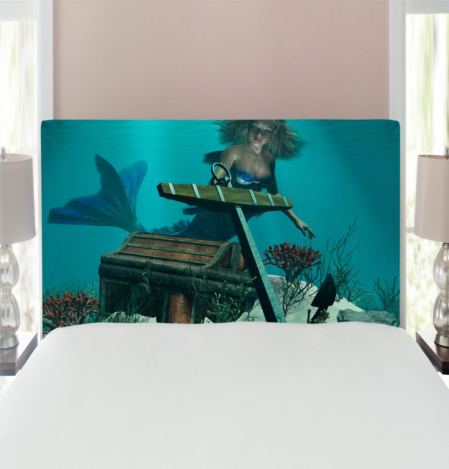 Mermaid Headboard, Mermaid in Ocean Discovering Pirates Treasure Chest ...