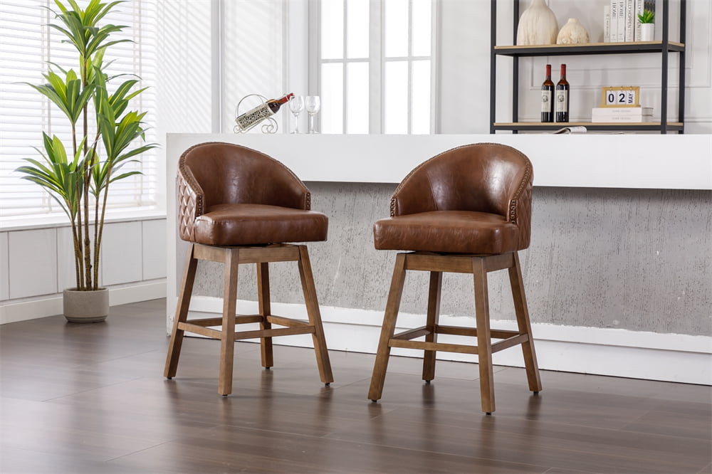 360 Degree Swivel Leather Bar Stools Set of 2, 2 Pcs Upholstered ...