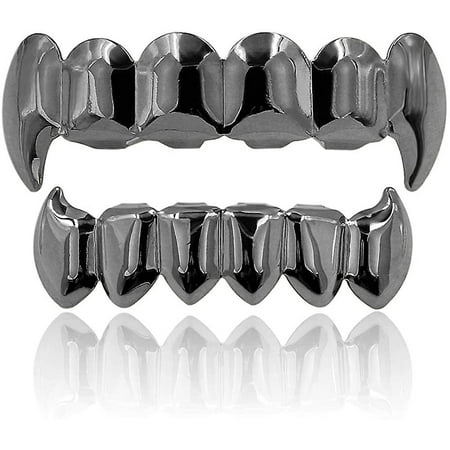 18k Gold Silver Plated Hip Hop Vampire Fangs Top Bottom Teeth Grillz ...