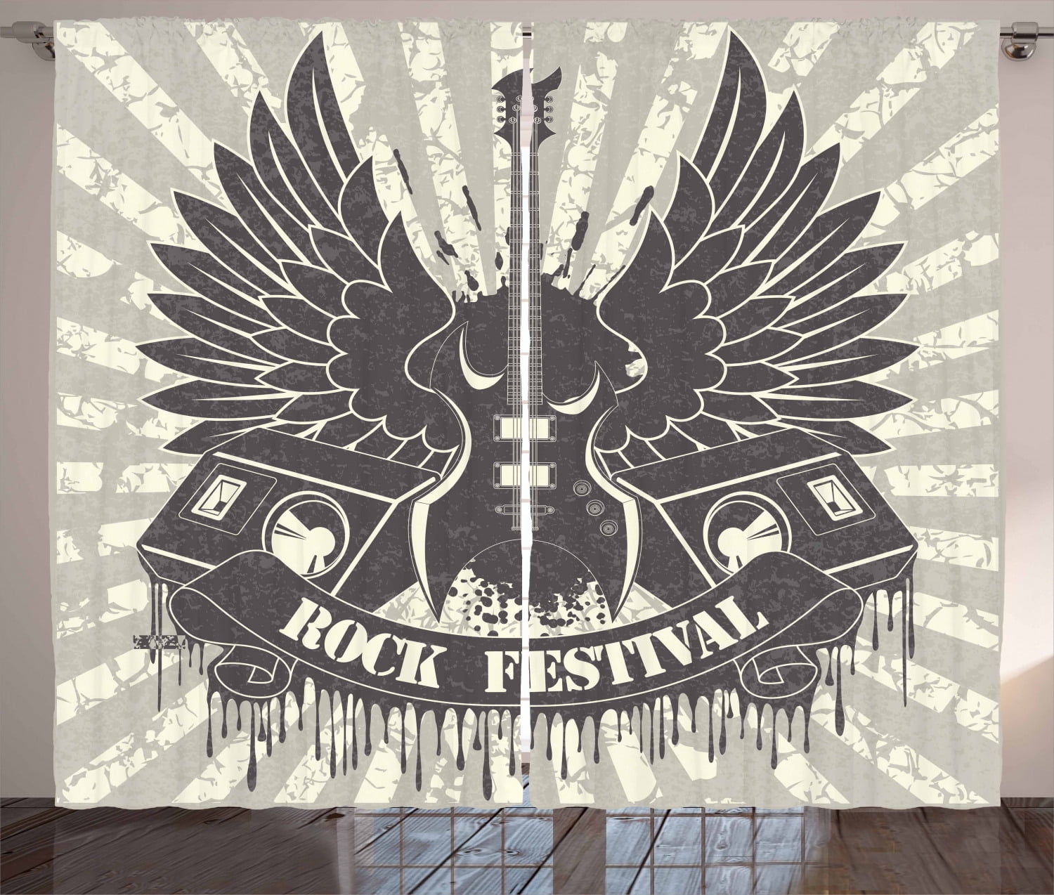 Rock Music Curtains 2 Panels Set, Striped Background Instrument Wings ...