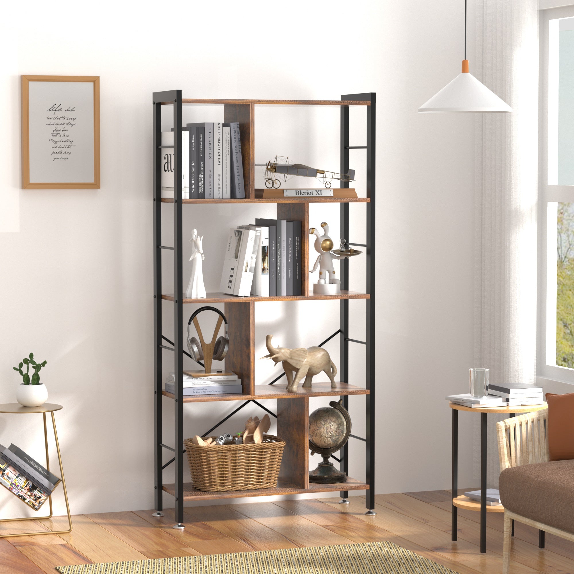 VECELO 5-Tier Bookshelf Bookcase, School Industrial Wood Metal ...