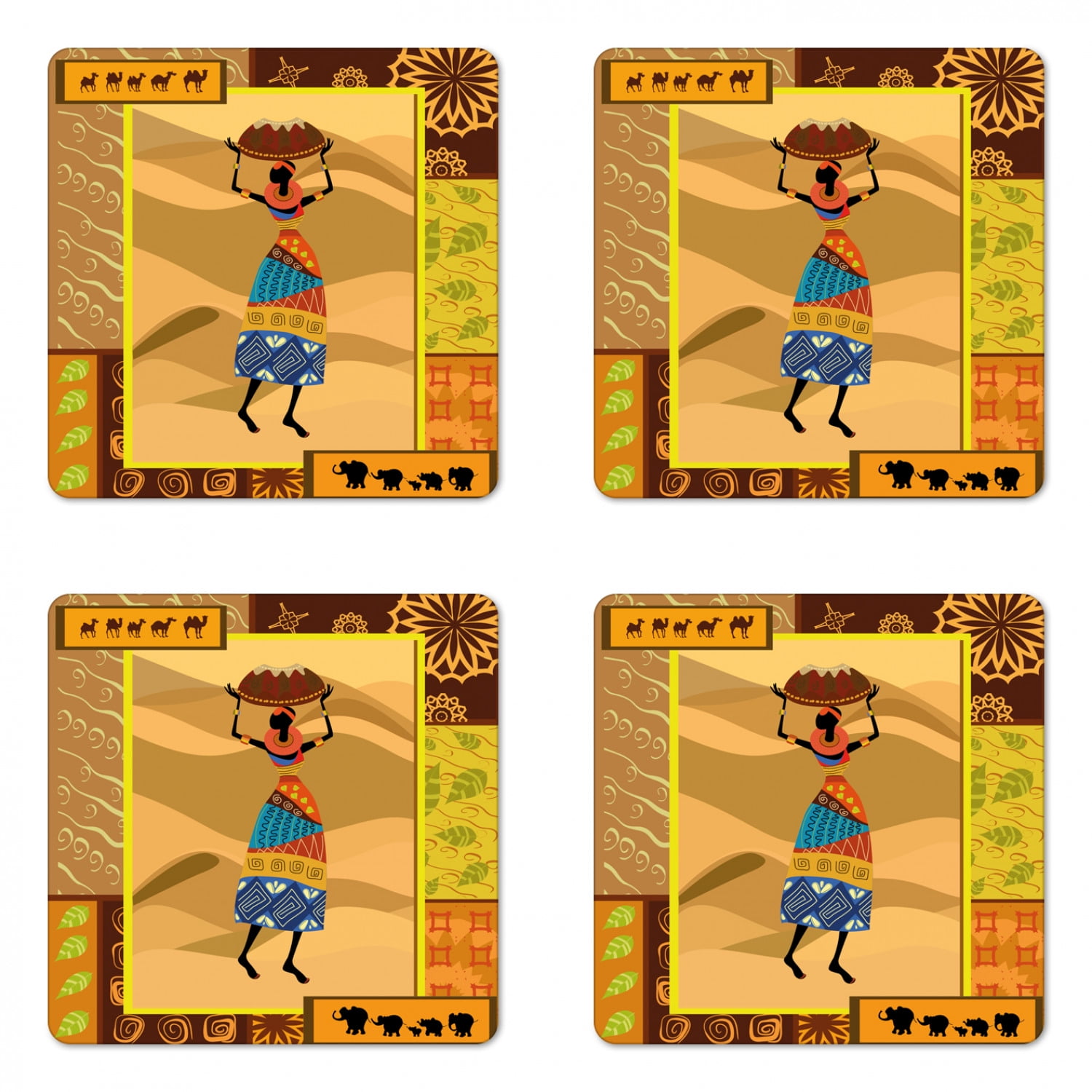African Coaster Set of 4, Ornate Nature Inspired Motifs Swirls Camels ...