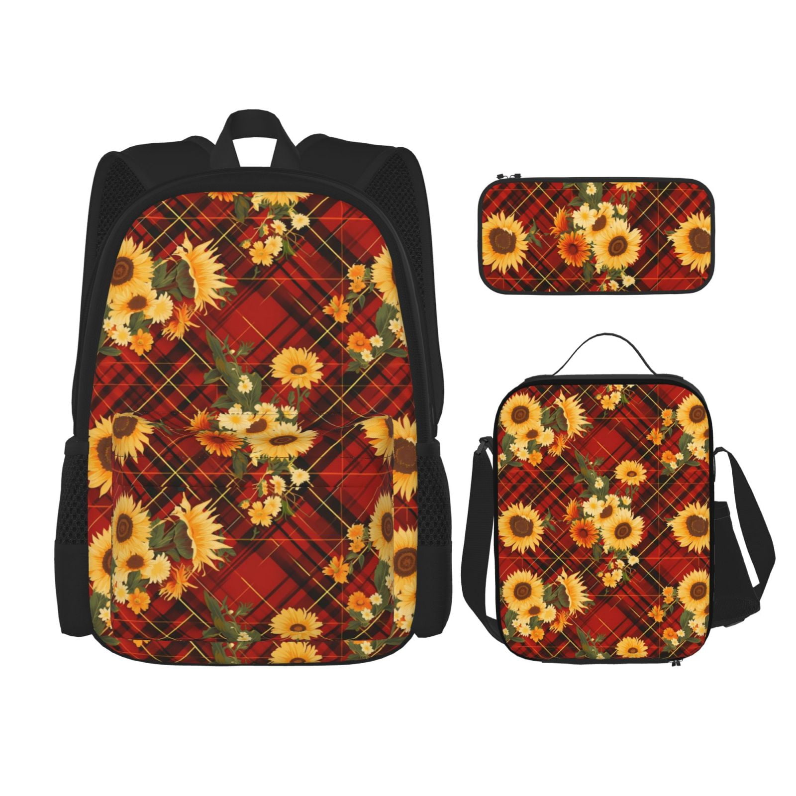 Fotbe Red Plaid Sunflower Set Escolar 3 en 1 para Niños - Mochila Duradera con Lonchera Aislante ...