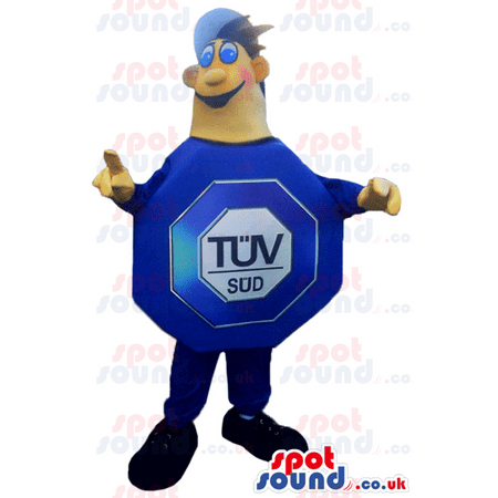 Boy SPOTSOUND Mascot In A Big Blue Octagon Sign With Brand Name ...