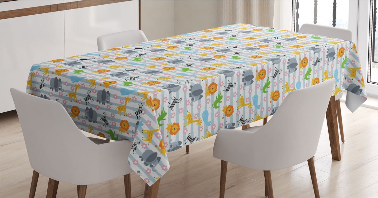 Safari Tablecloth, Friendly Zoo Animals with Happy Faces Cartoon ...