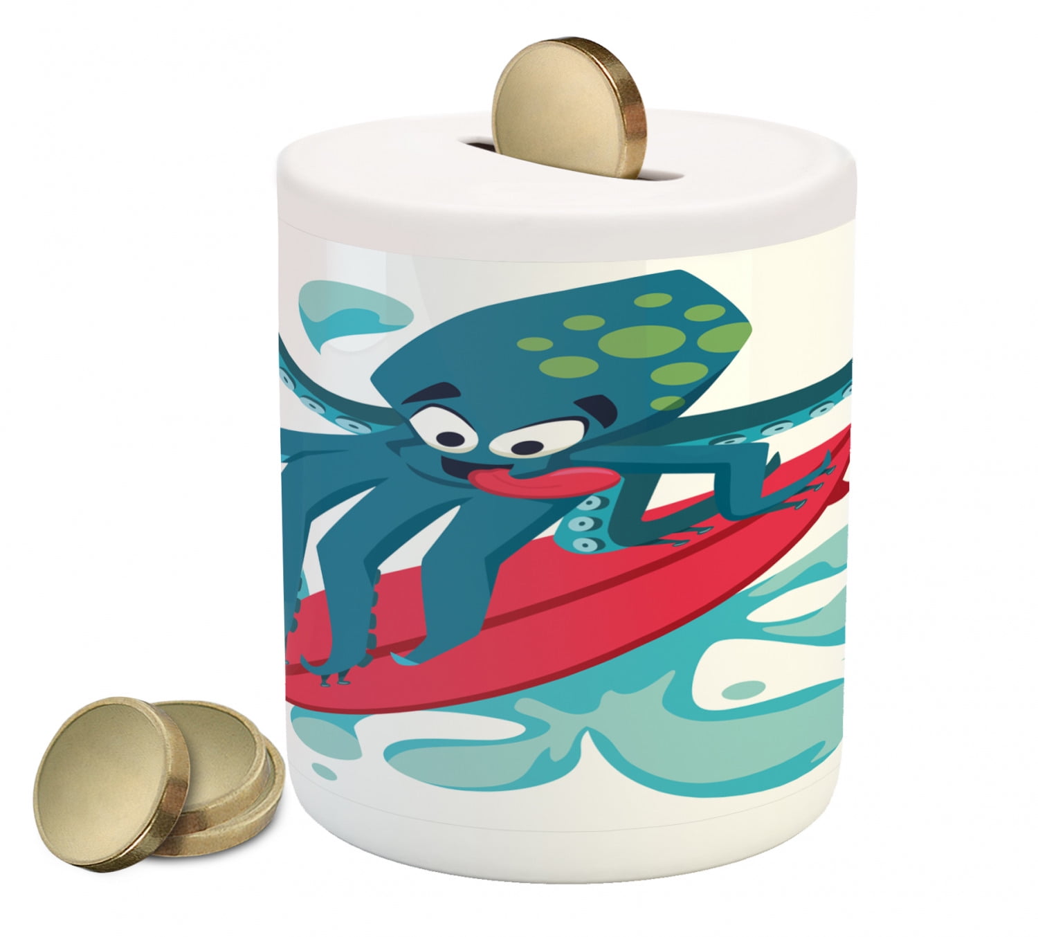 Ride the Wave Piggy Bank, Surfer Octopus Having Fun Ocean Waves ...