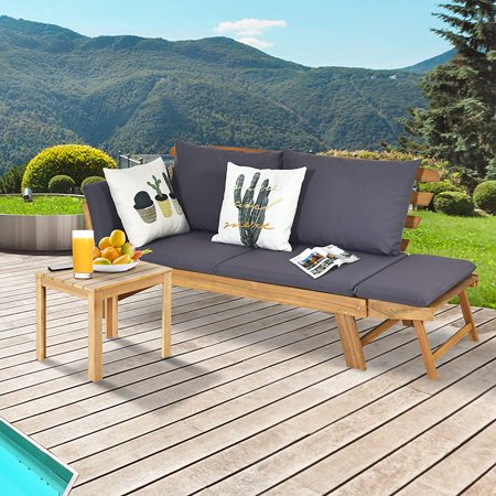 Patio Convertible Couch Sofa Bed, Acacia Wood Daybed w/Adjustable ...