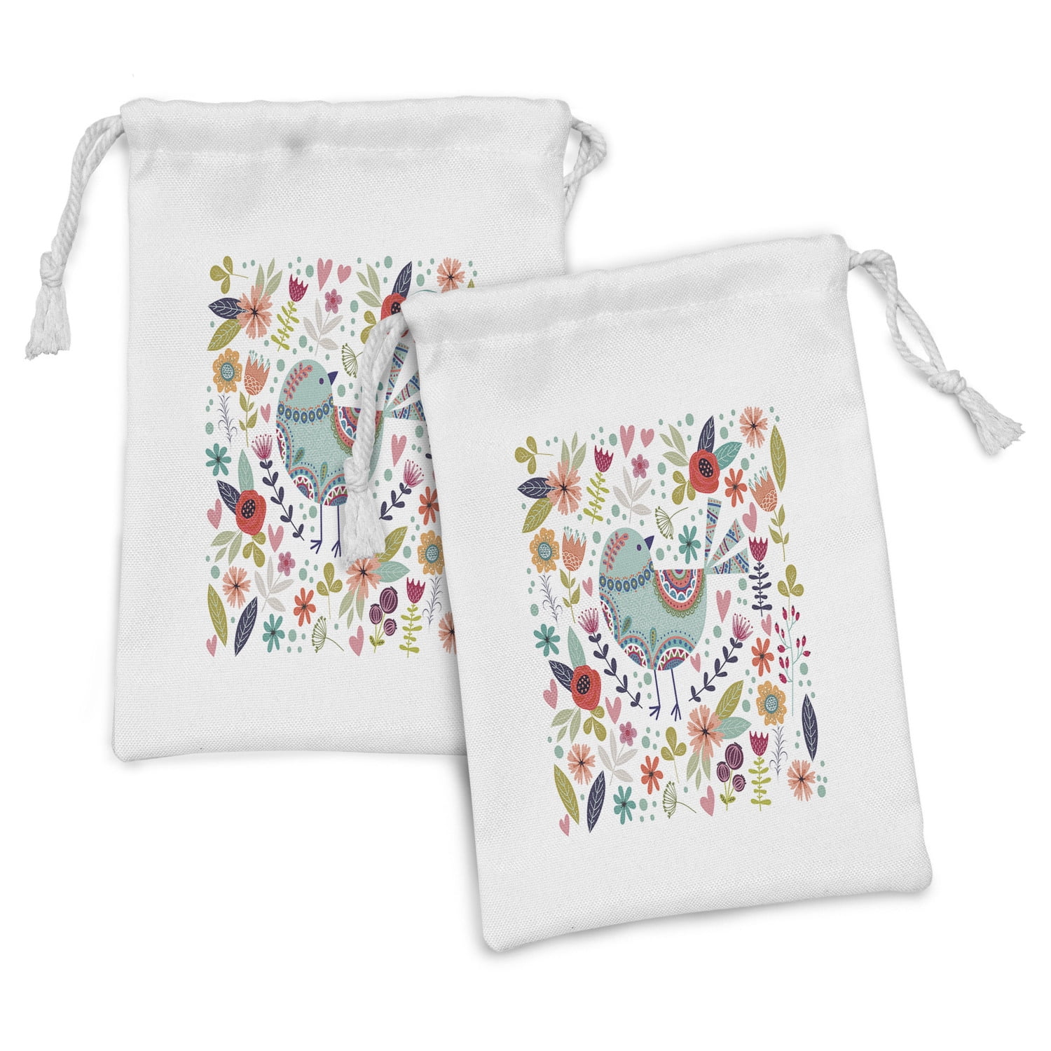 Bird Print Fabric Pouch Set of 2, Folkloric Ornamental Avian Animal ...