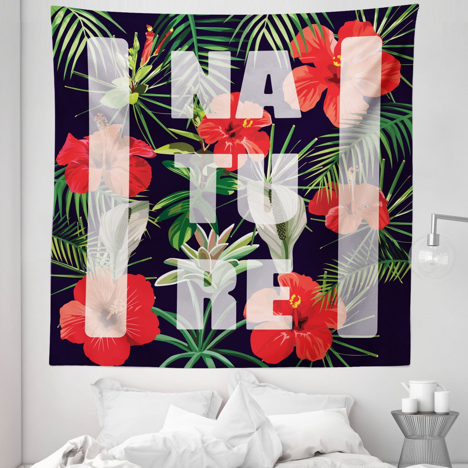 Jungle Tapestry, Nature Typography on Exotic Fragrance Hibiscus, Fabric ...