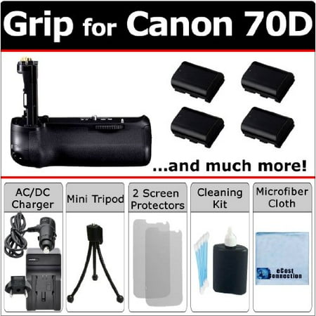 Battery Grip for Canon EOS 70D DSLR Camera, (4) LP-E6 Batteries ...